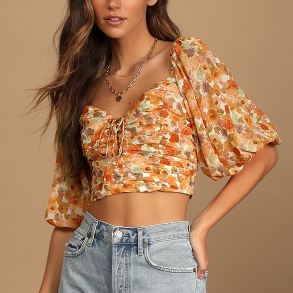 Angel Biba | Tops | Angel Biba Orange Floral Puff Sleeve Ruched Lace Up ...